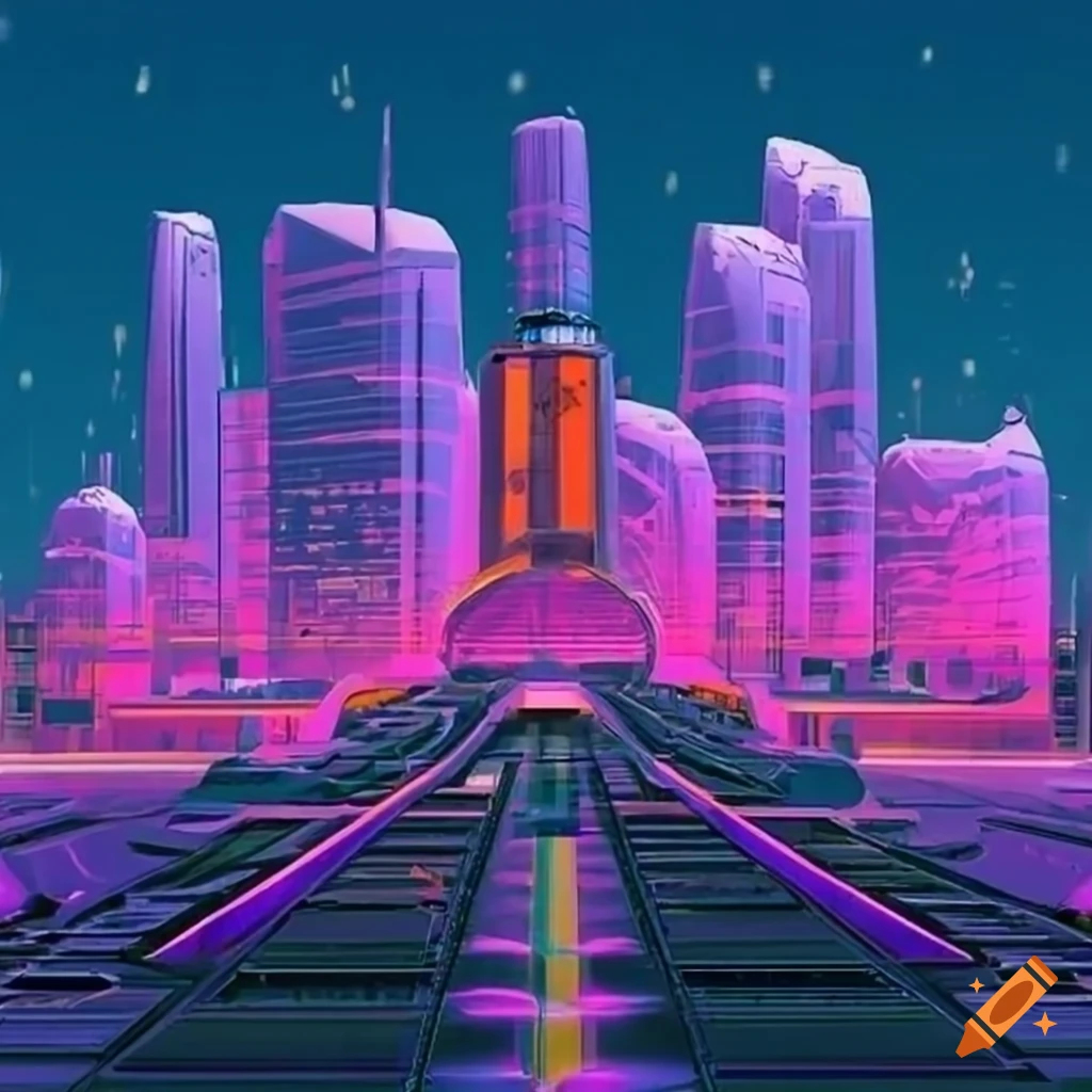 Futuristic cityscape with a 1990s vibe on Craiyon