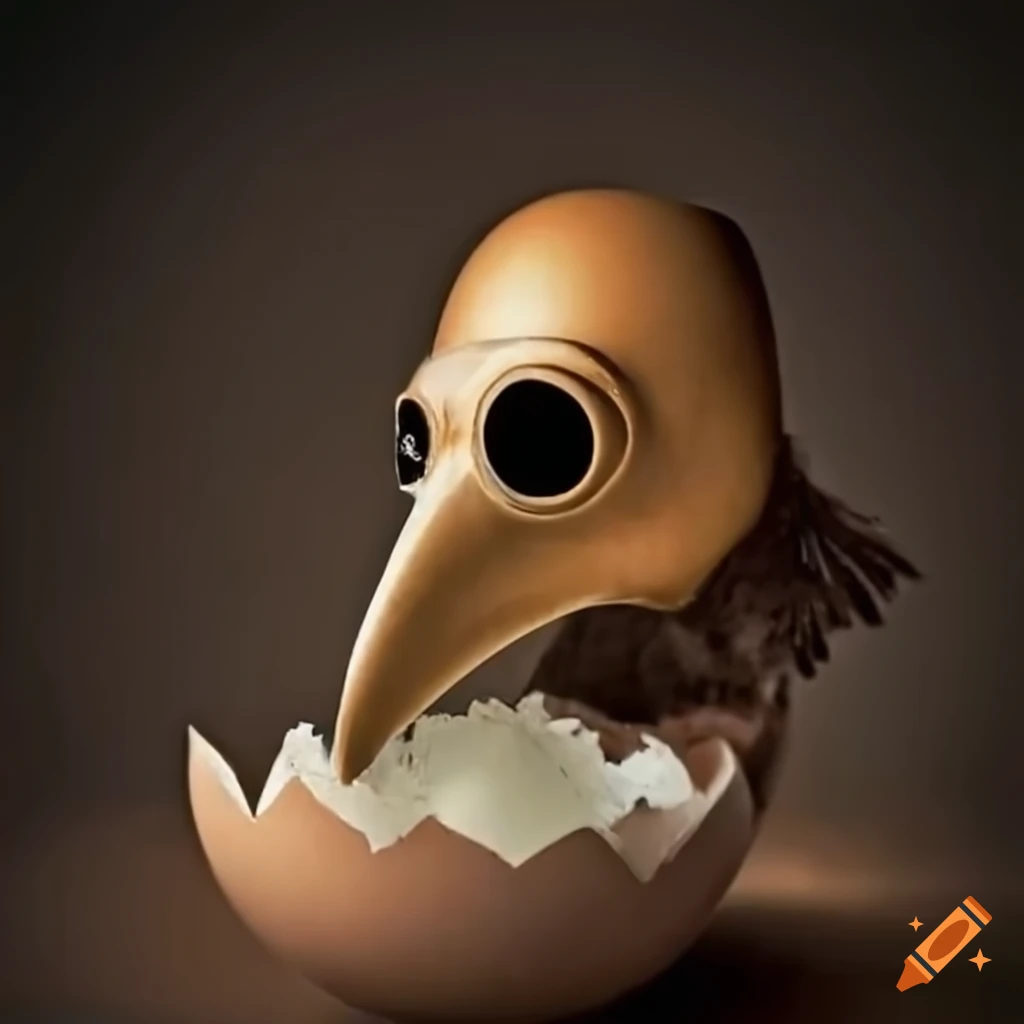 Cute bird hatching from an egg with a plague mask on Craiyon