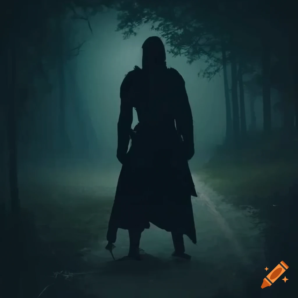 Silhouette of a warrior walking in misty forest on Craiyon