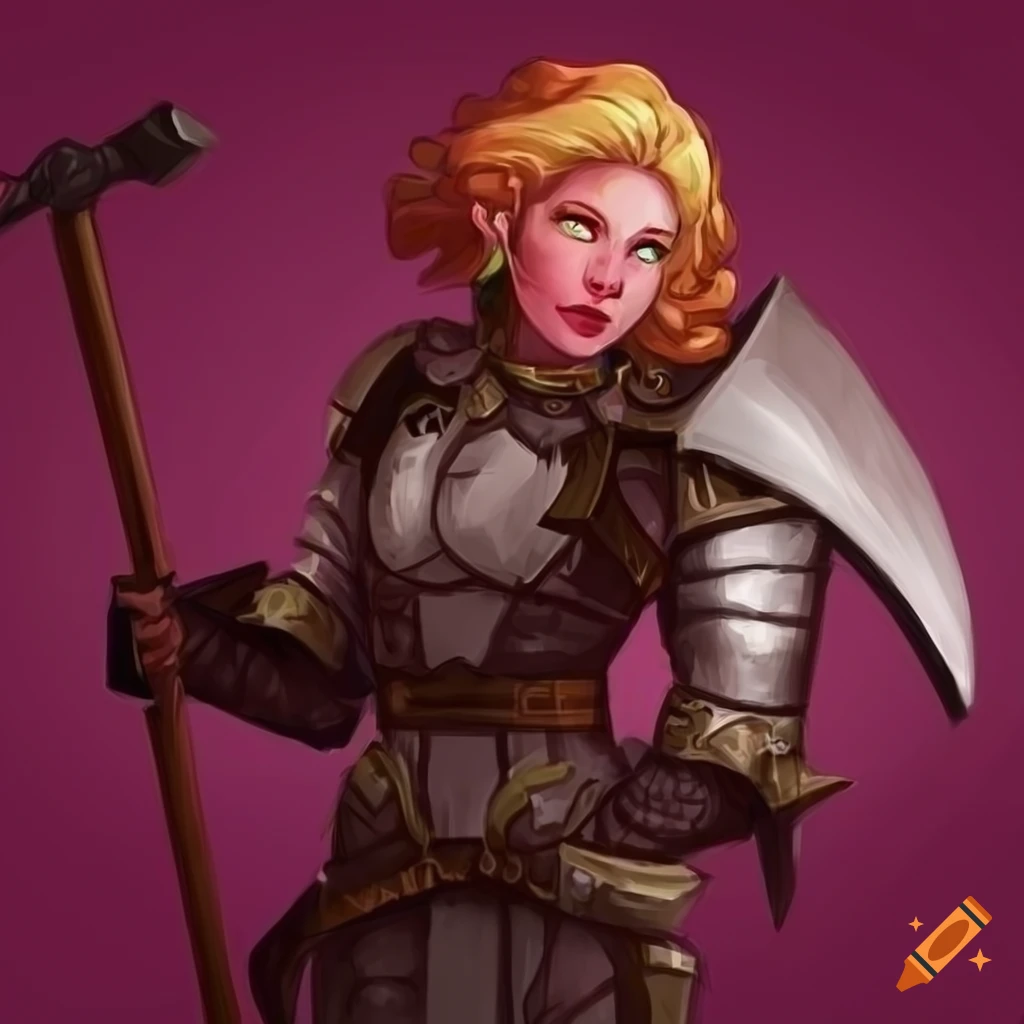 Illustration of female paladin with hammer on Craiyon