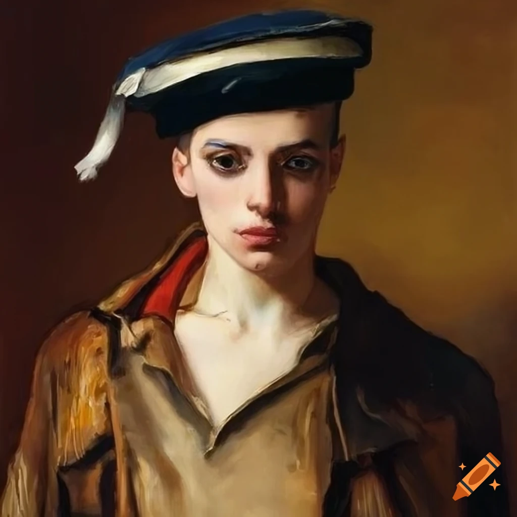 Impressionist painting of a man with a white cat head and a sailor hat ...