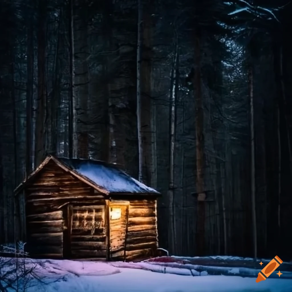 Beautiful winter night in an old wood cabin on Craiyon