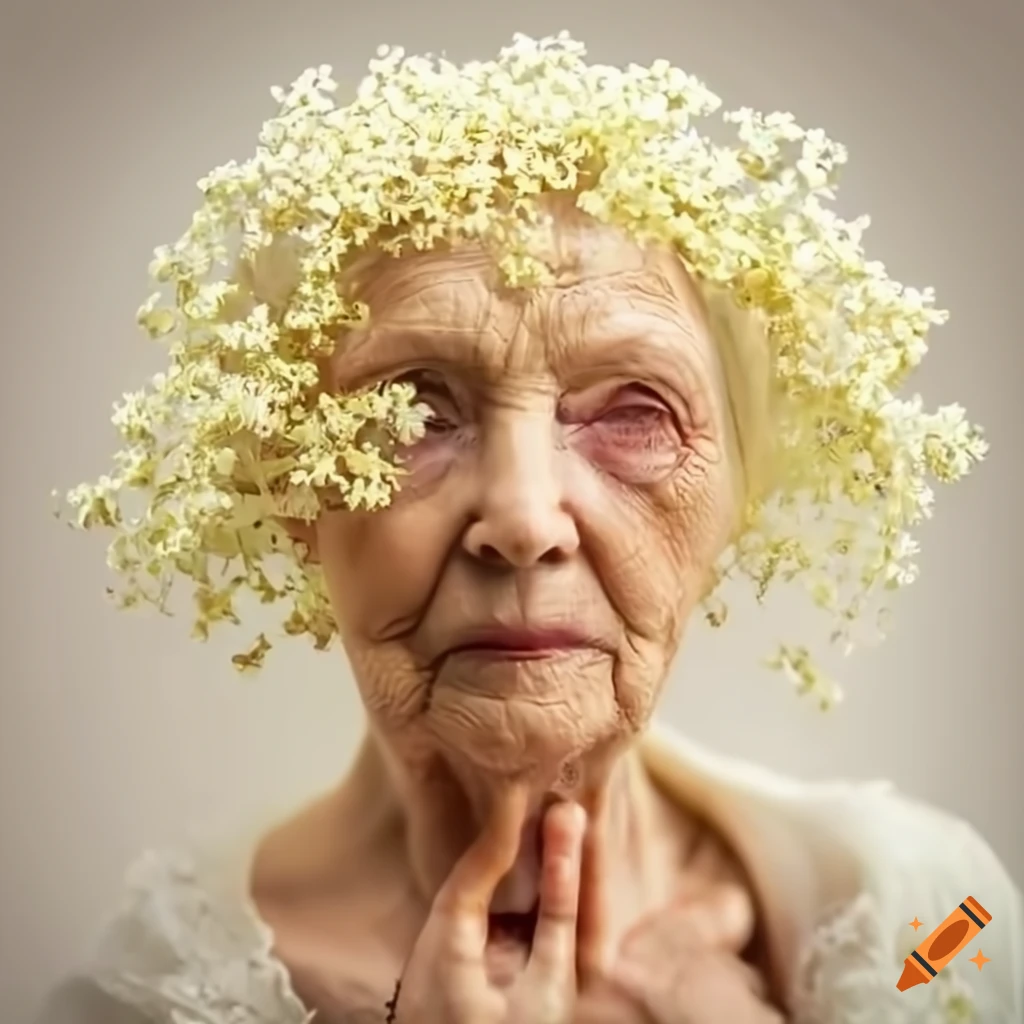 Elderly lady covered in elderflowers