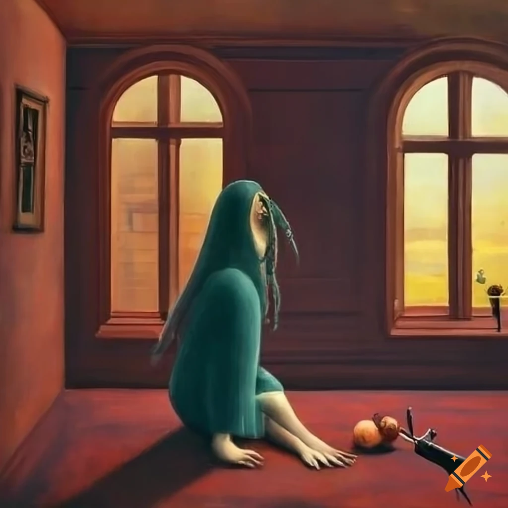 Surrealist painting with objects and long-haired human figures on Craiyon