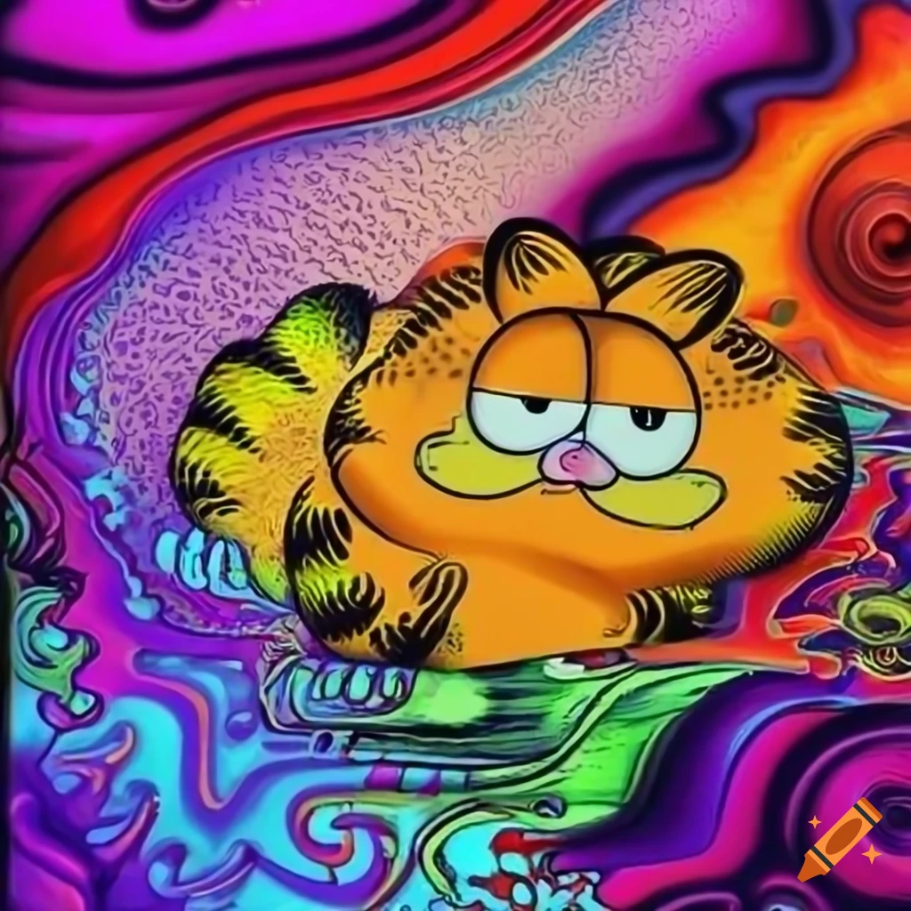 Trippy artwork of garfield as a magical mushroom on Craiyon