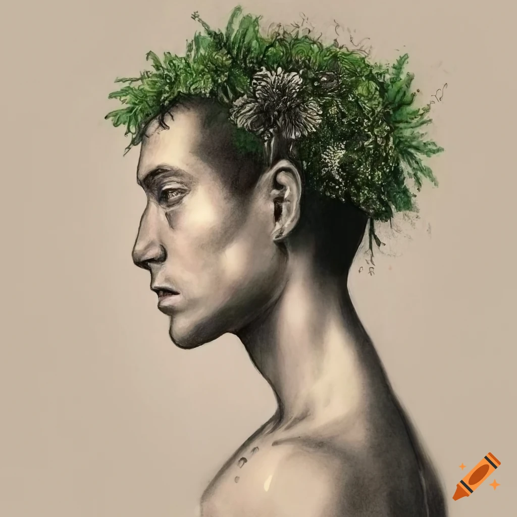 Pencil drawing of a man with flower petals growing from his head on Craiyon