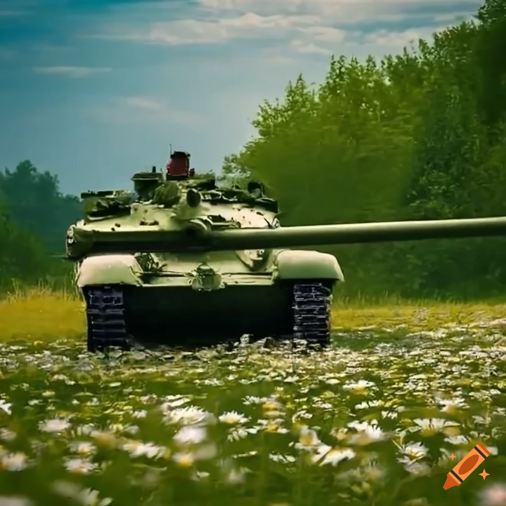 T-72 tank driving through a field of daisies on Craiyon