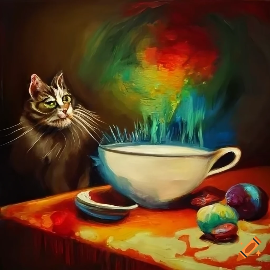 Surreal oil painting of a cat having tea