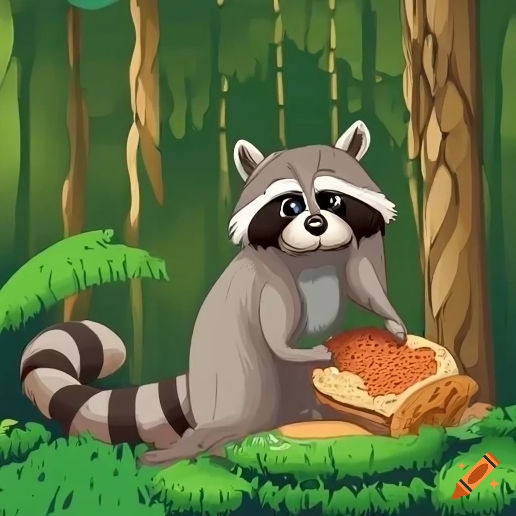 Cartoon raccoon eating bread in the forest