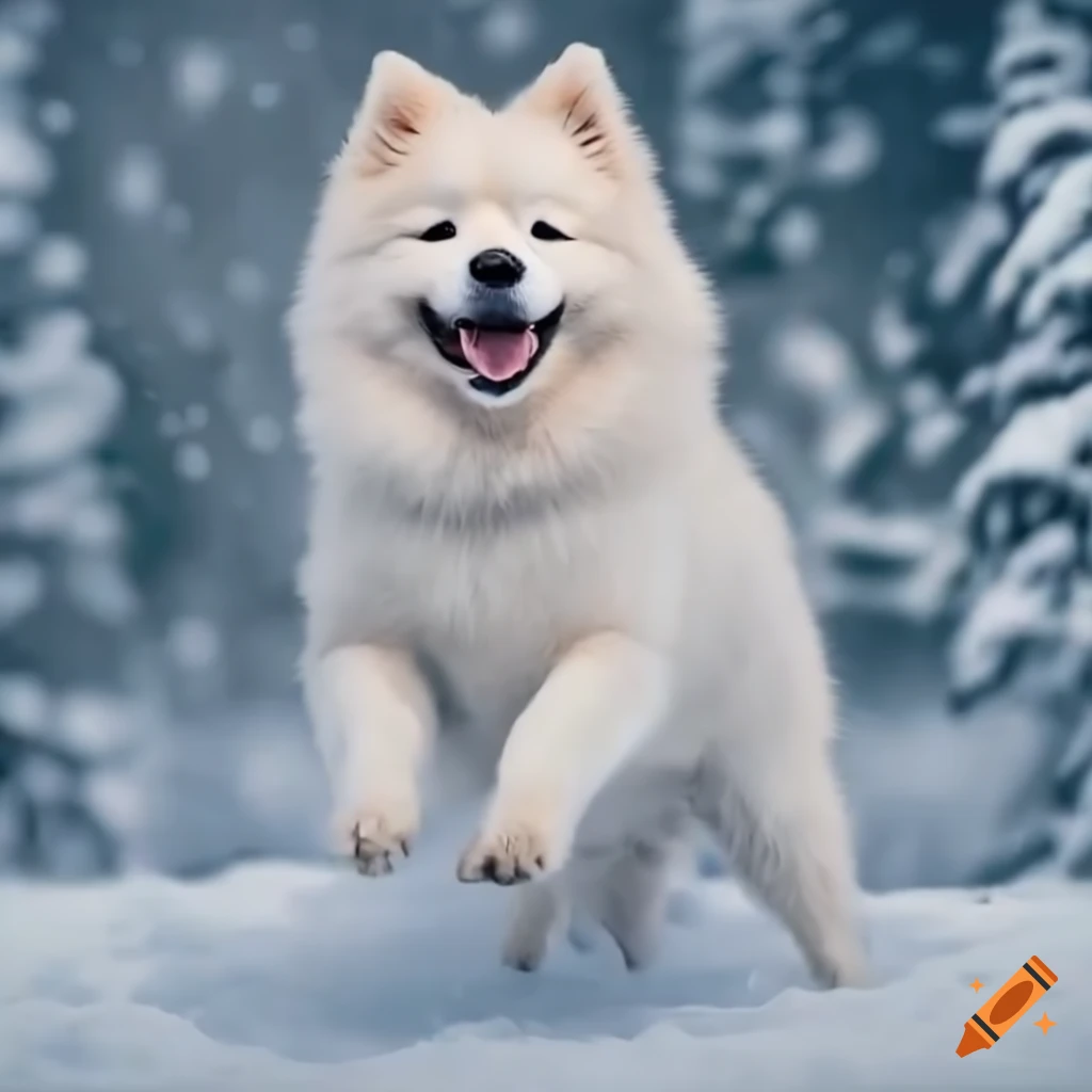 Samoyed dog dancing in the snow