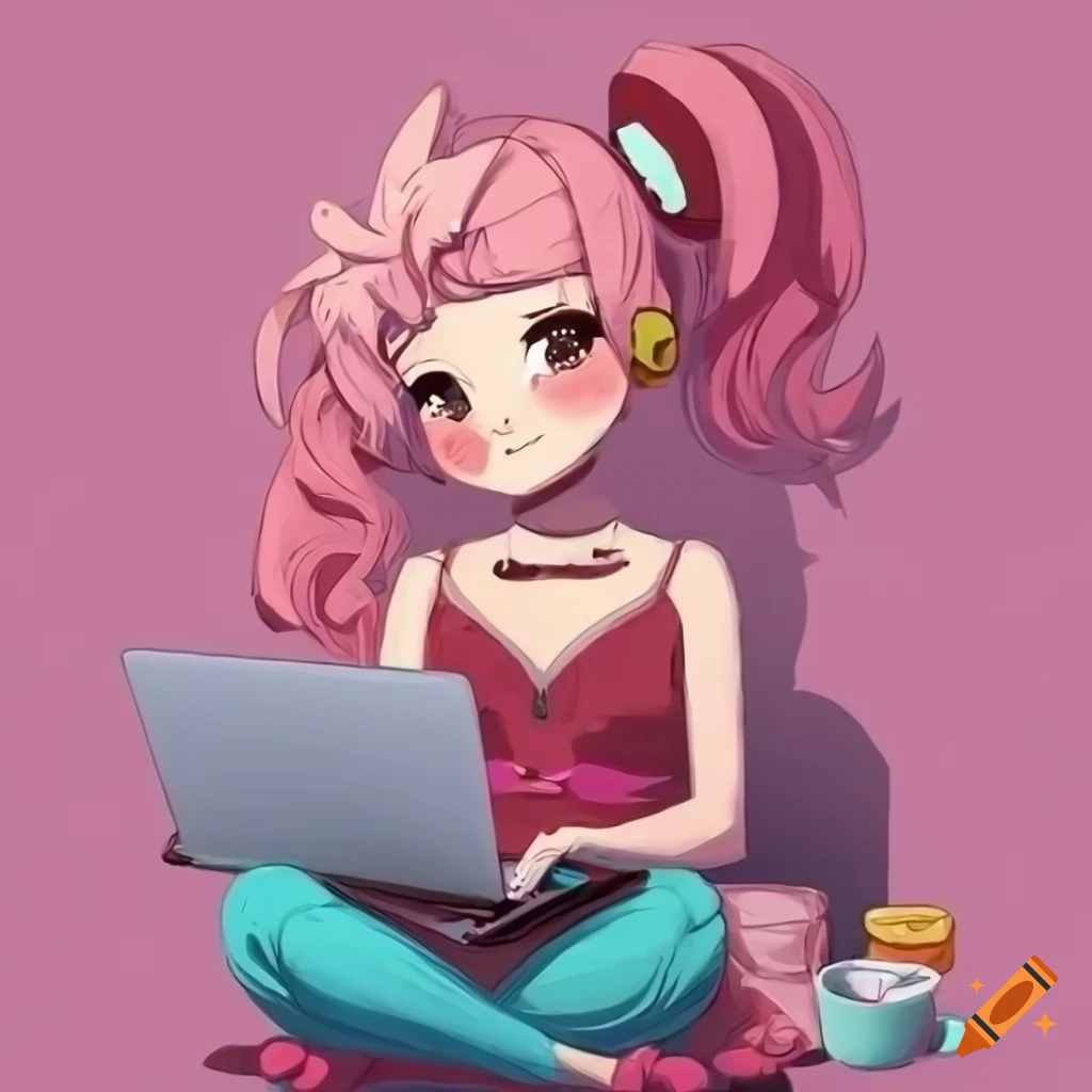 Chibi woman with pink hair working on laptop on Craiyon