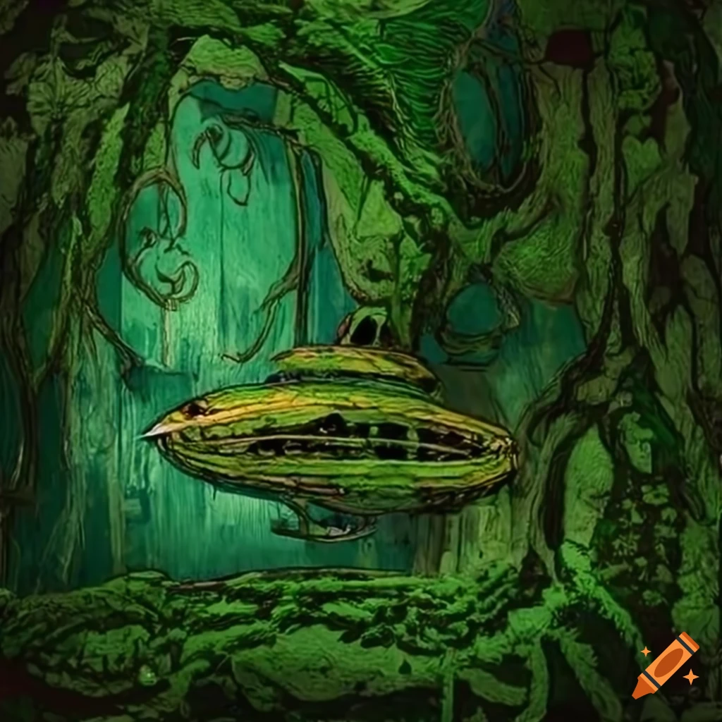 Abandoned spaceship in a moss-covered jungle