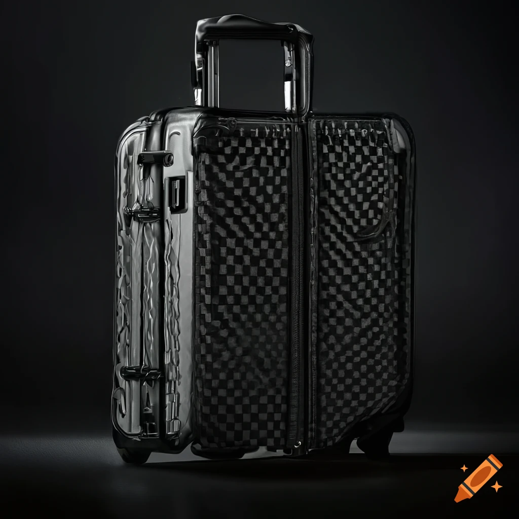 Black carbon fiber suitcase in an airplane hangar on Craiyon