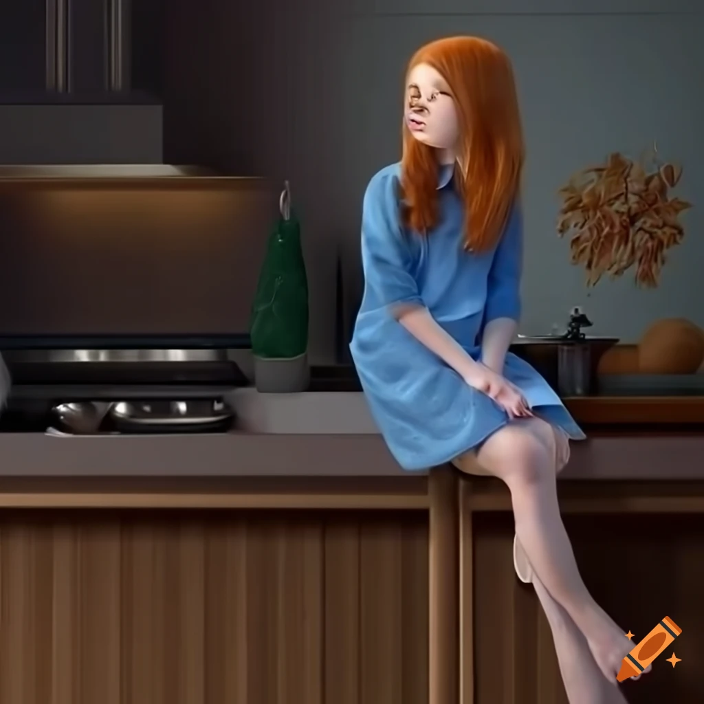 Redhead Girl Sitting On Kitchen Counter On Craiyon