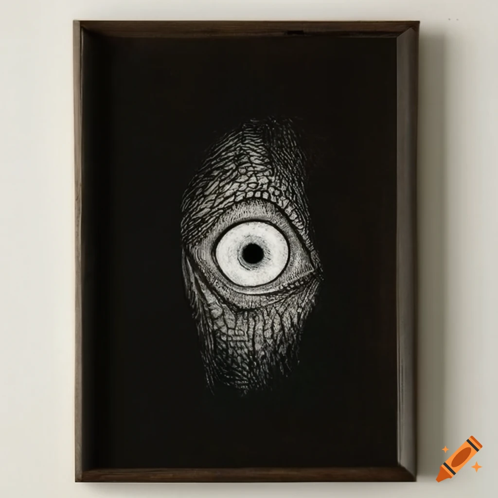 Black and white acid etching of an evil eye