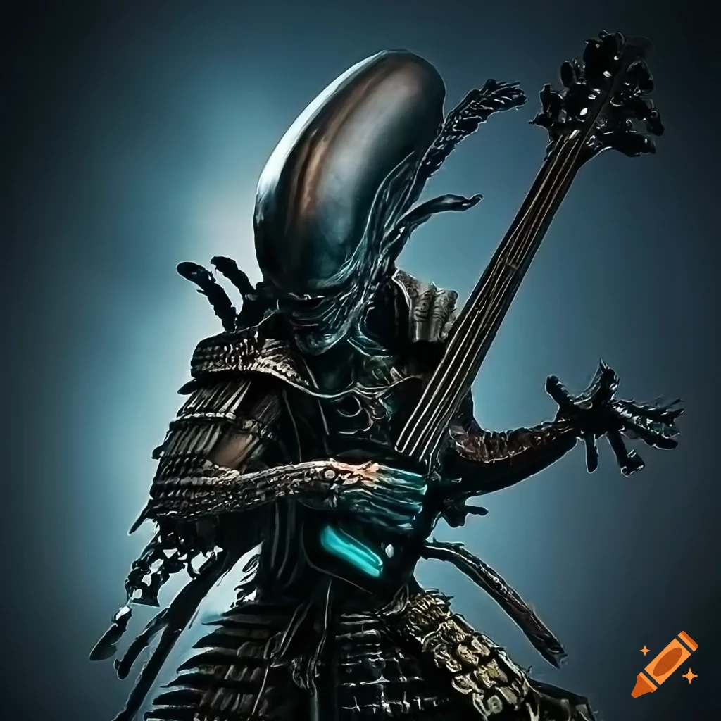 Illustration of a Xenomorph Samurai riding a motorcycle and playing a ...
