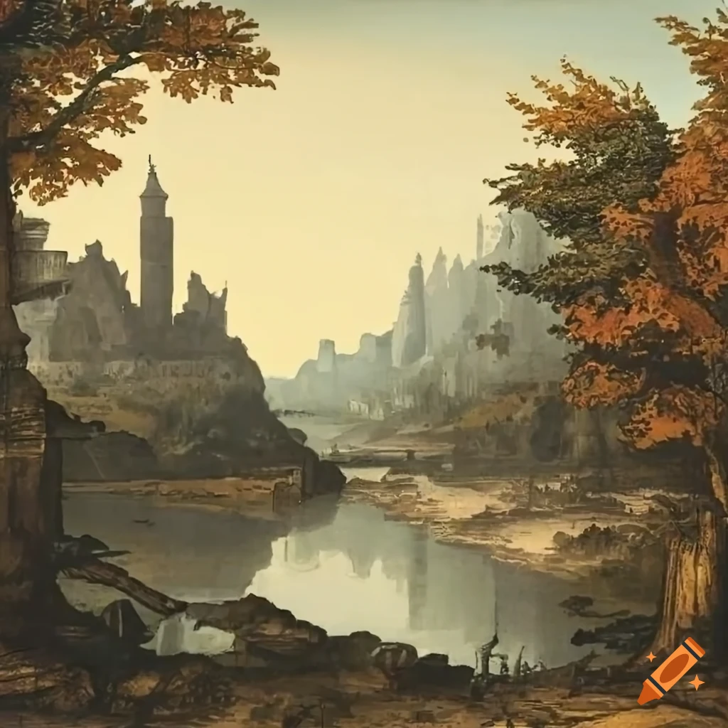 Engraving-style landscape of a forest with a river and a ruined ...