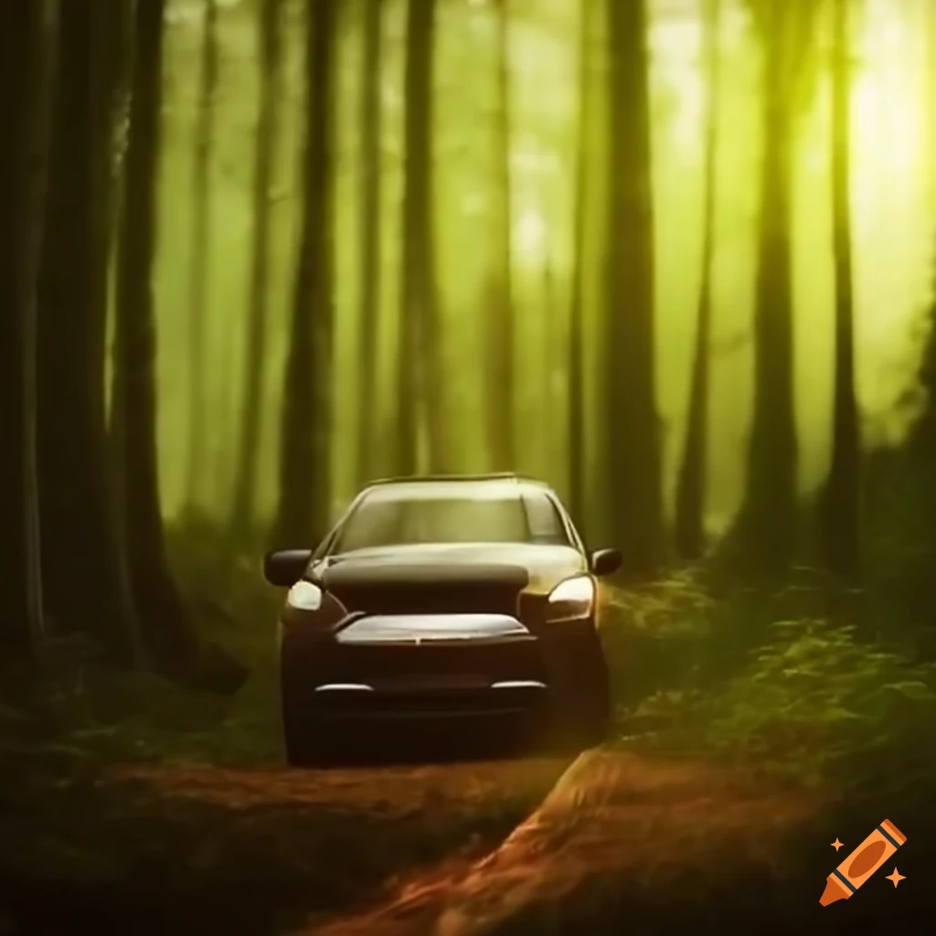 Car driving through a forest during daytime on Craiyon