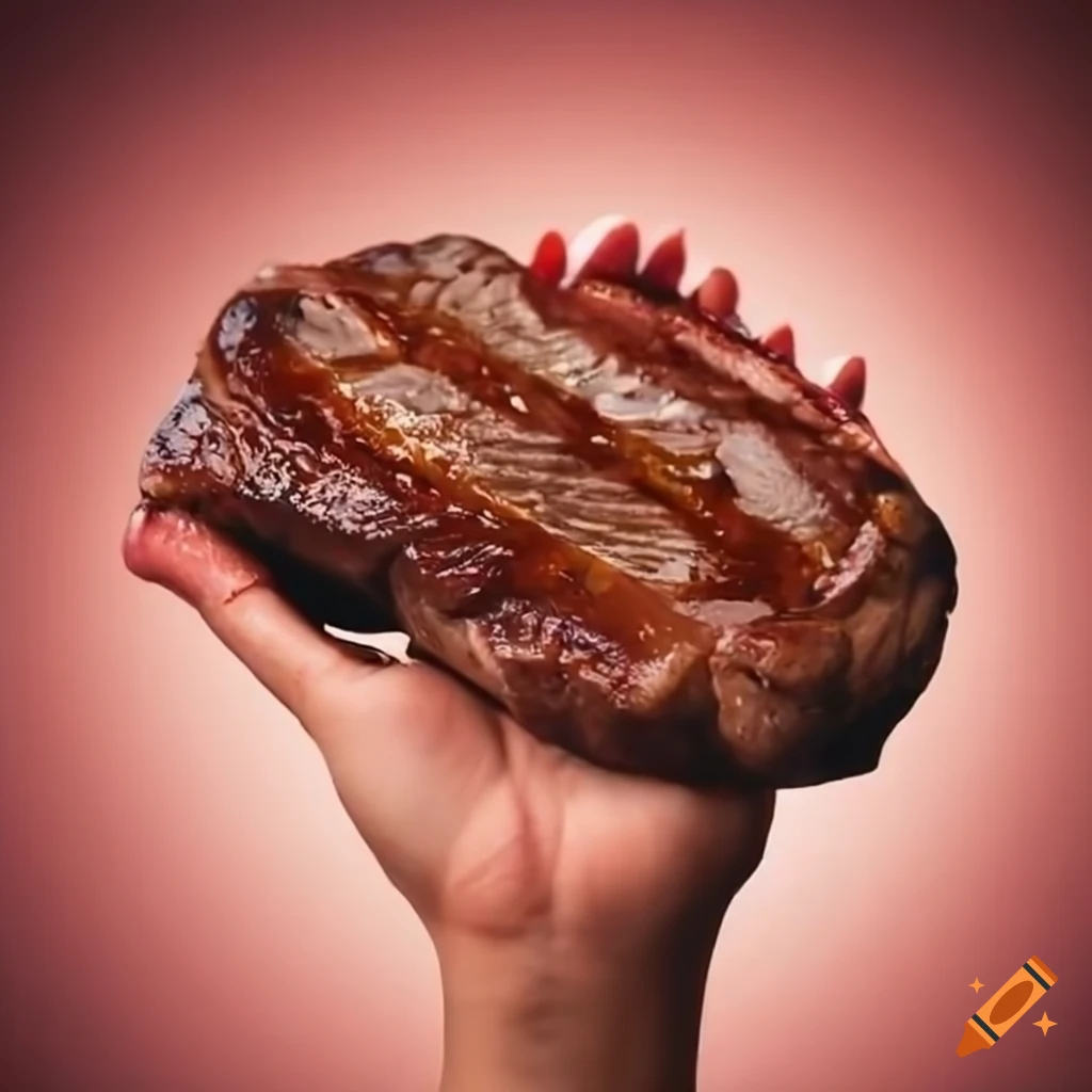 Cooked steak in a person's hand