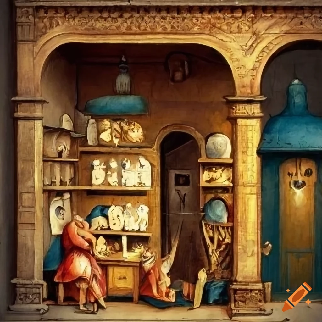 Medieval detailed patchwork painting of objects in a shop on Craiyon