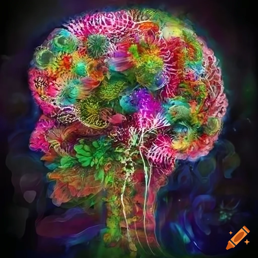 Artwork of flowers blossoming from a human brain
