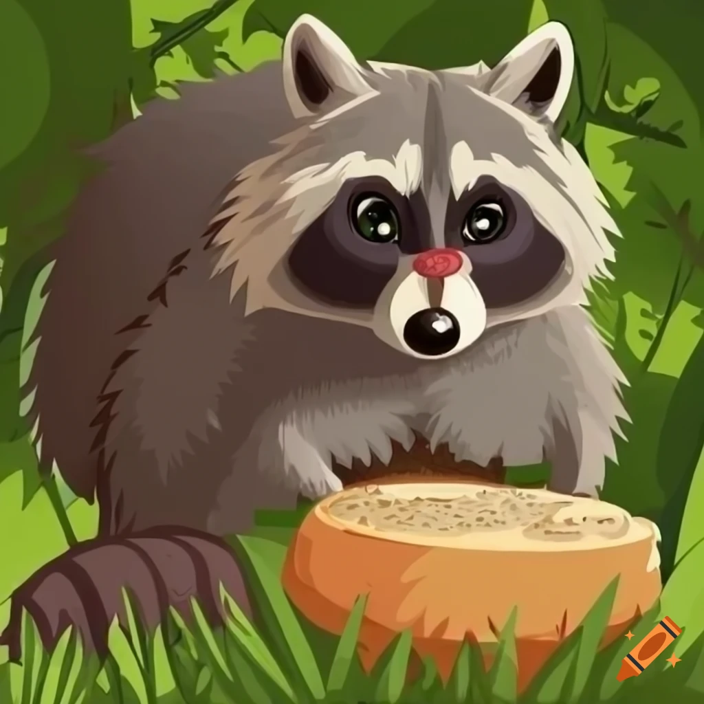 Cartoon raccoon eating bread in the forest
