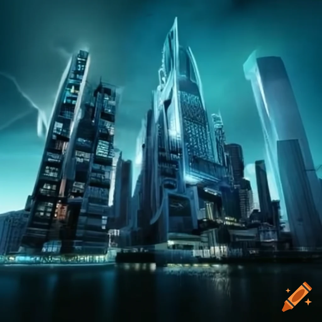 Futuristic cityscape with towering structures and advanced technology ...