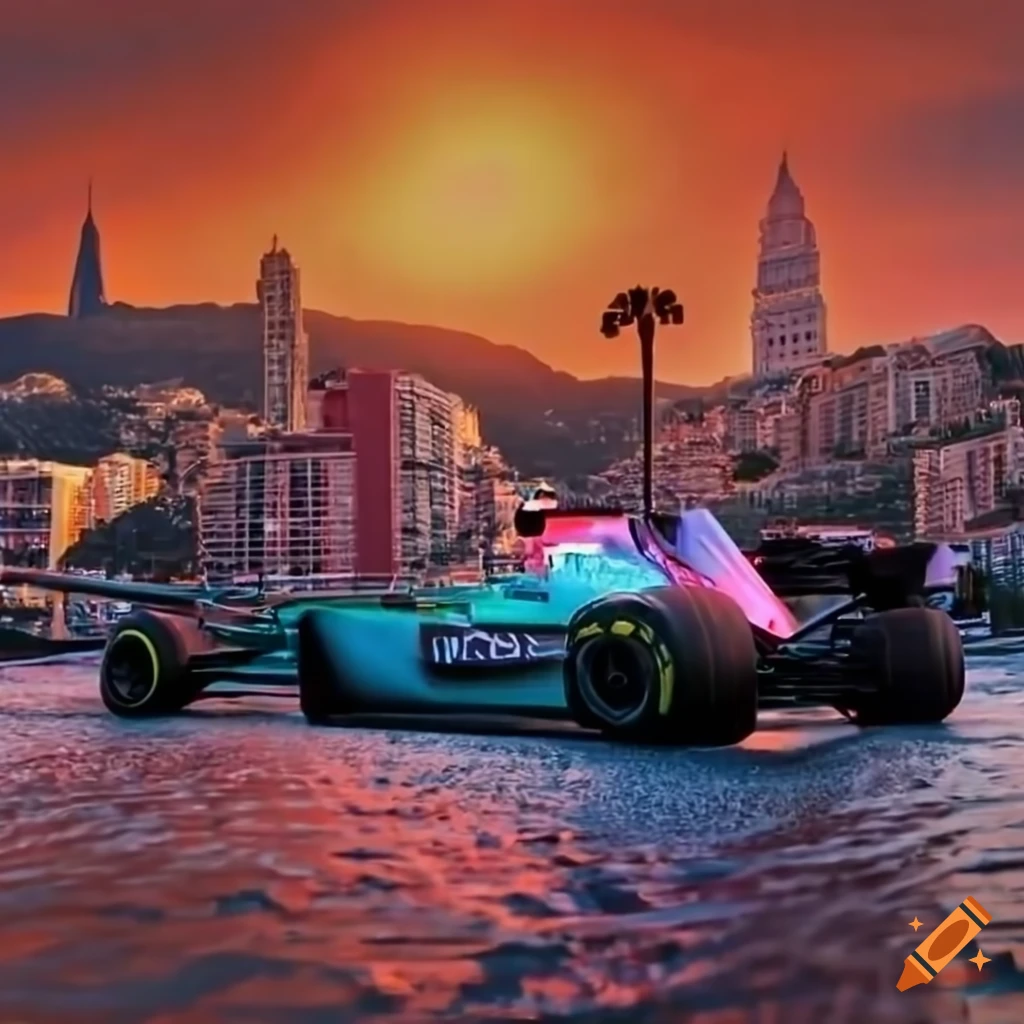 Realistic image of an f1 car racing in monaco at sunset on Craiyon