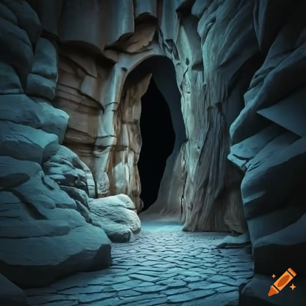 Path between high rock walls leading to a cave entrance on Craiyon