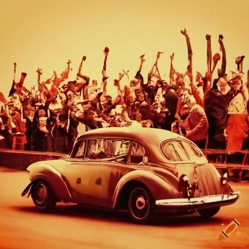 Photo of a vintage car race with cheering crowds