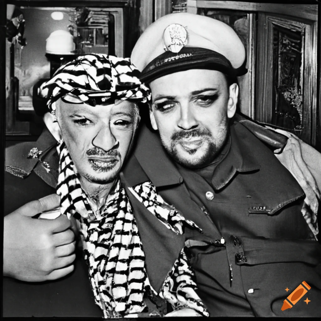 Photo of Boy George and Yasser Arafat at a British pub on Craiyon