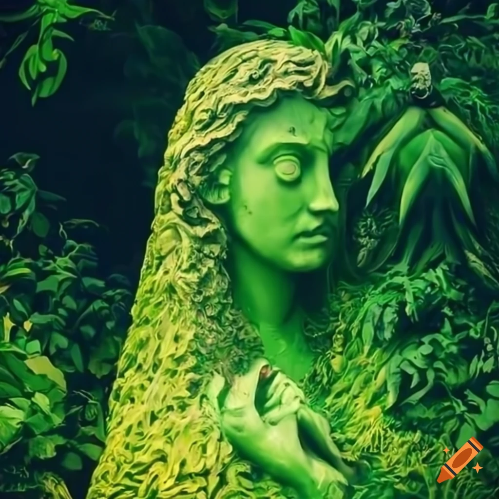 Bright psychedelic statue woman in a dark eerie cave on Craiyon