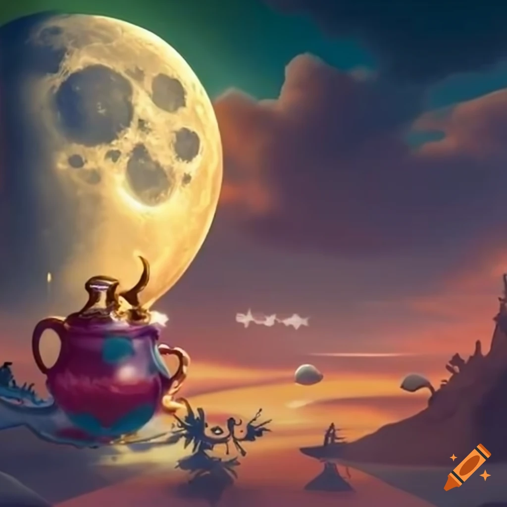 Giant flying clockwork kingdom at night with a woman looking up from ...