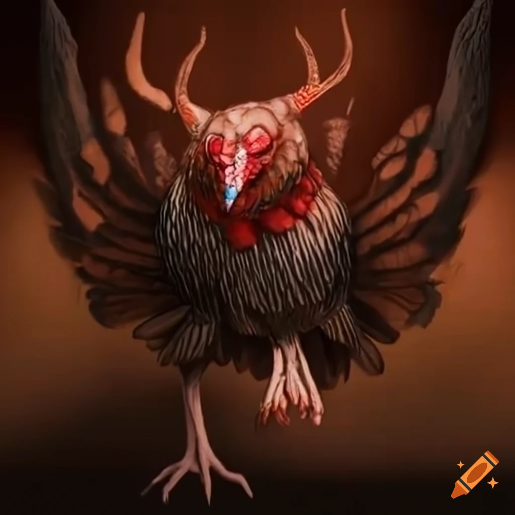 Digital art of a turkey-demon hybrid talking