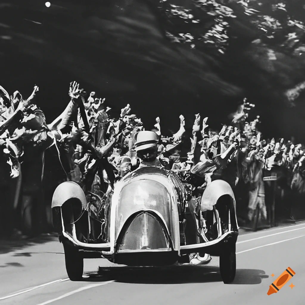 Photo of a vintage car race with cheering crowds