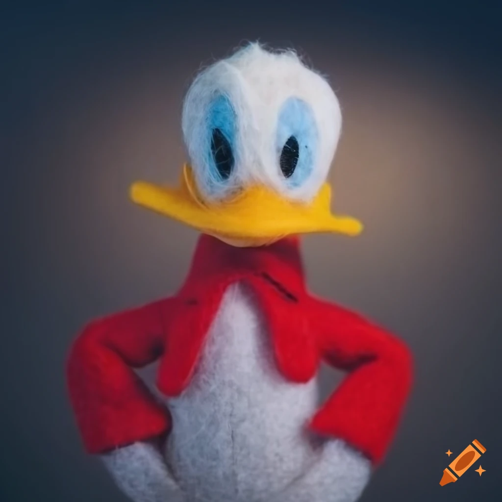Needle felted Donald Duck with city backdrop on Craiyon