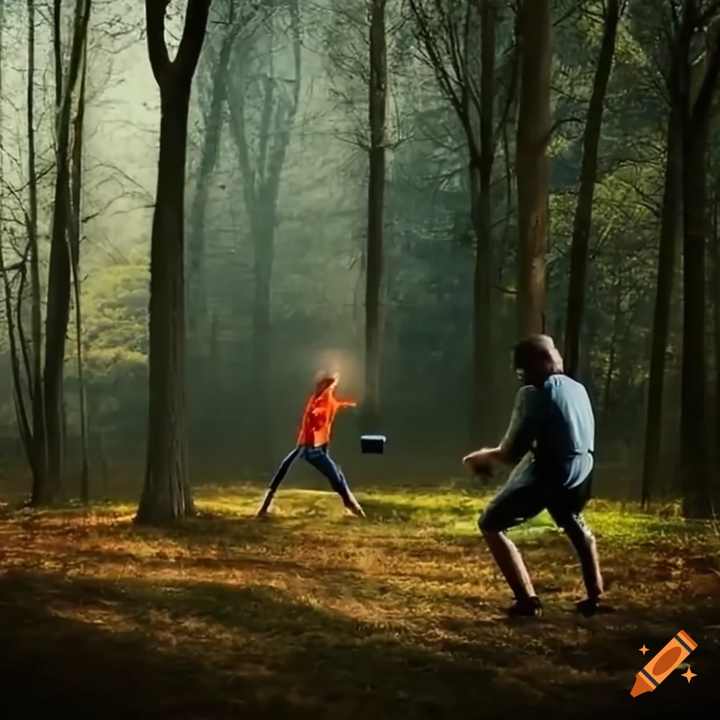 Image of two men playing disc golf in a wooded course on Craiyon