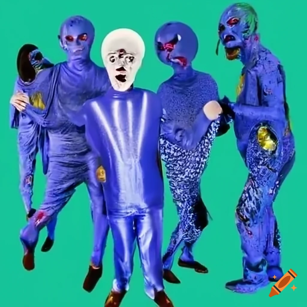 Blue man dancing with aliens at a disco party