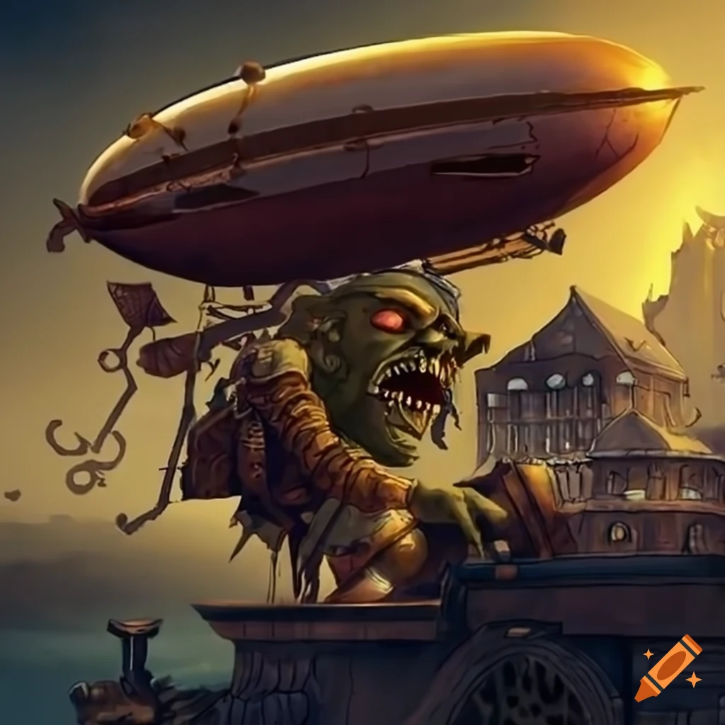 Image of an ancient goblin flying a steampunk zeppelin on Craiyon