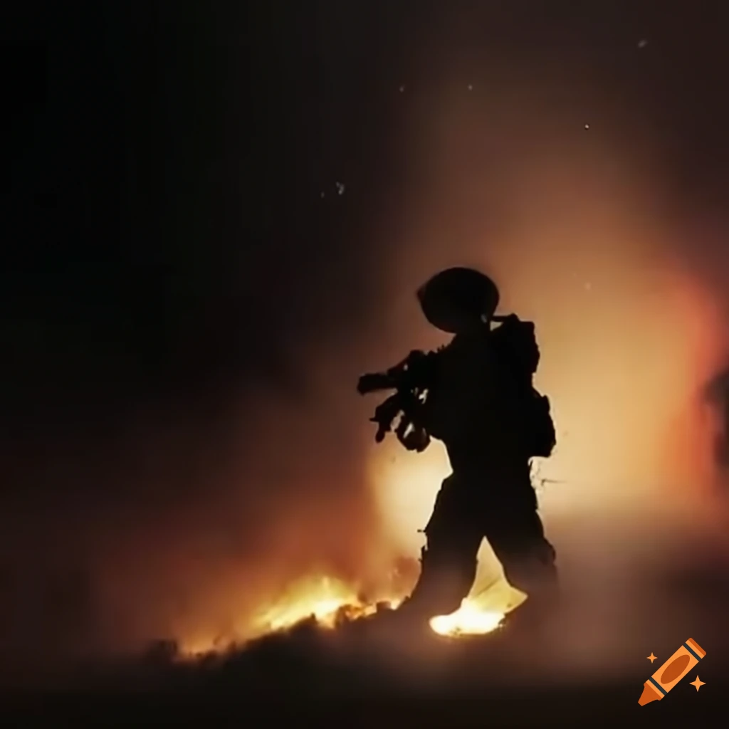Soldiers standing defiant under a fiery sky on Craiyon