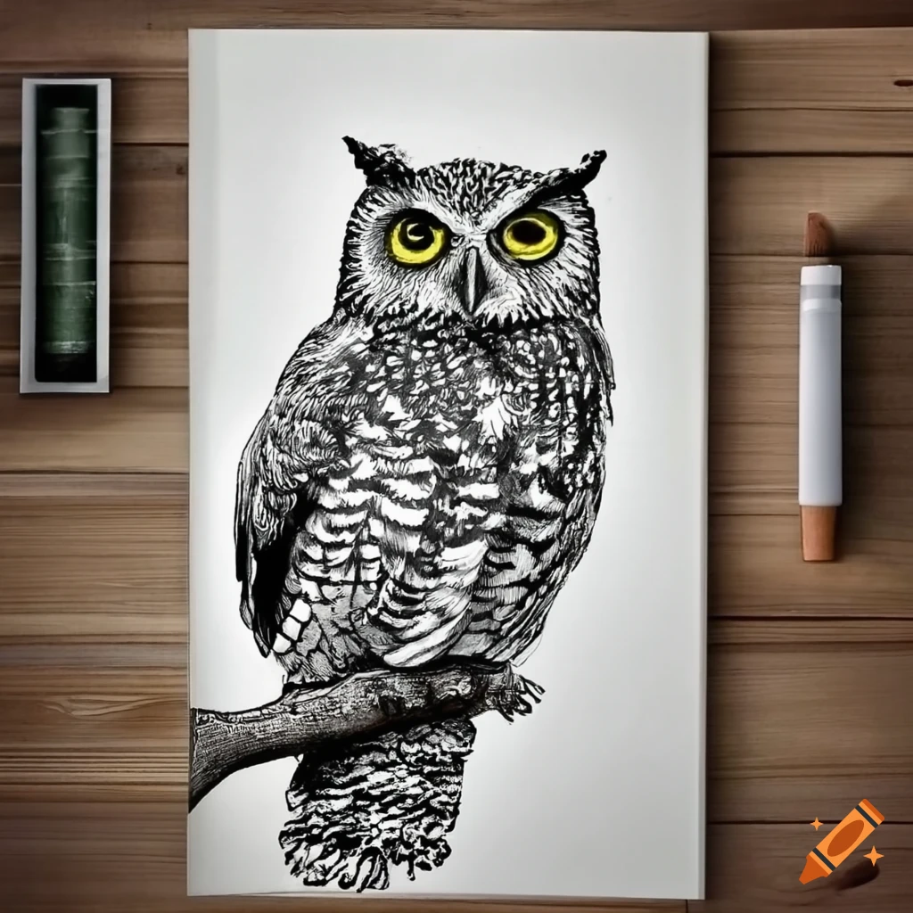 Ink artwork of a resting owl on a tree on Craiyon