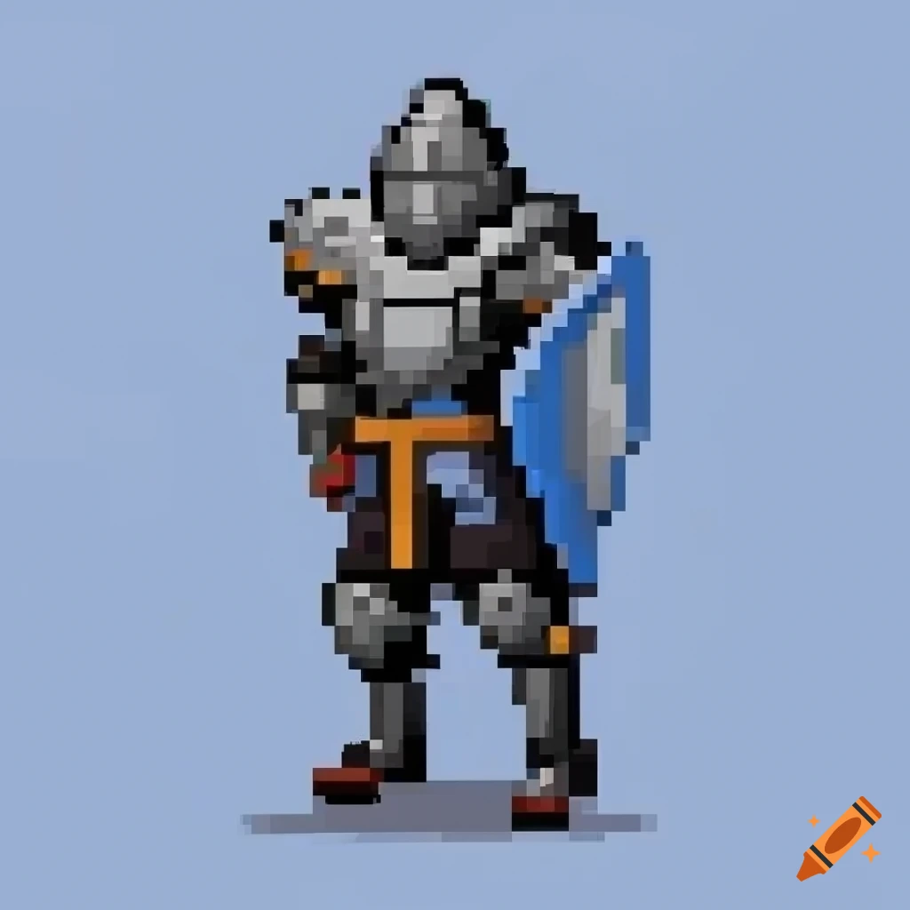 Pixel art knight character in black and white on Craiyon