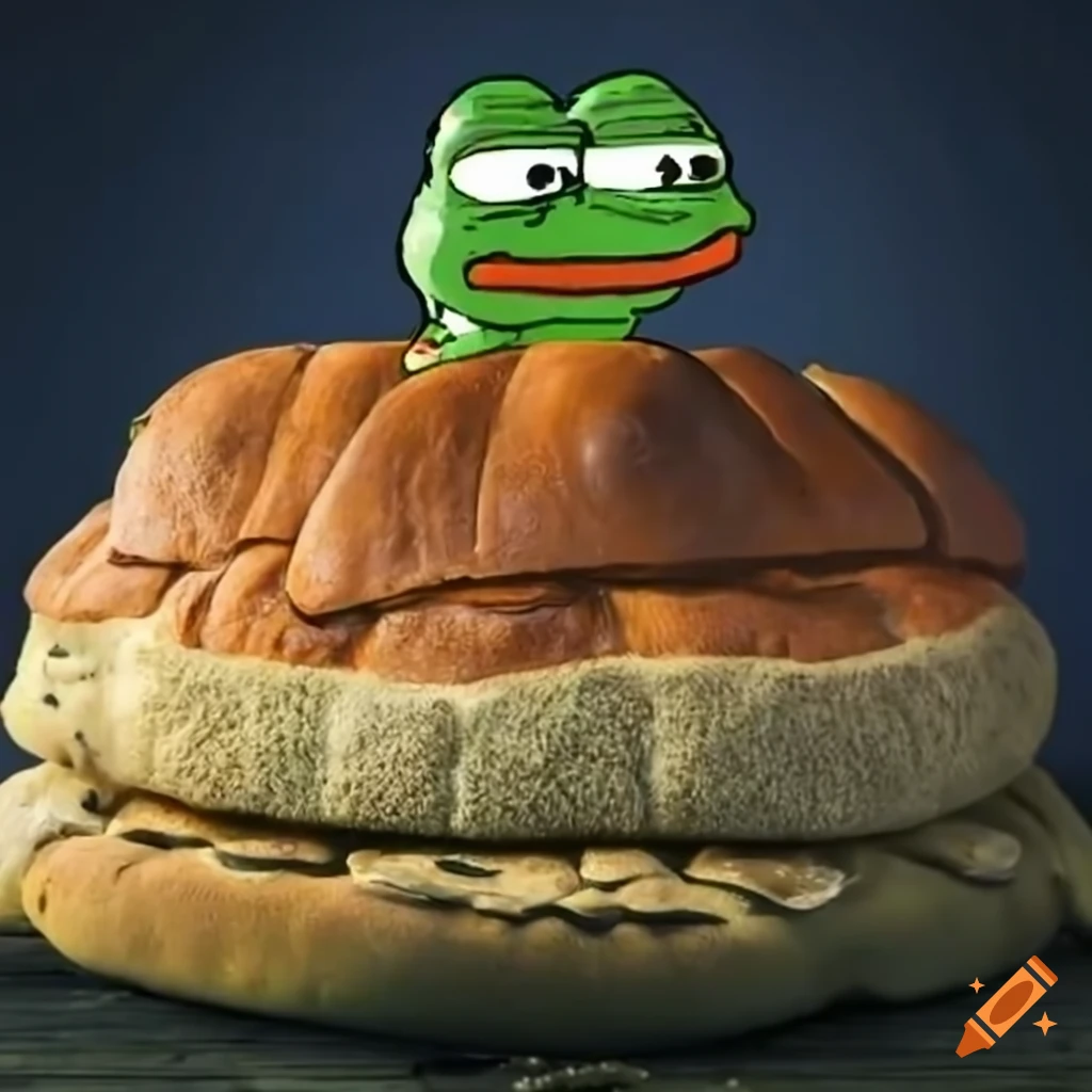 Pepe the frog sitting on a giant bread
