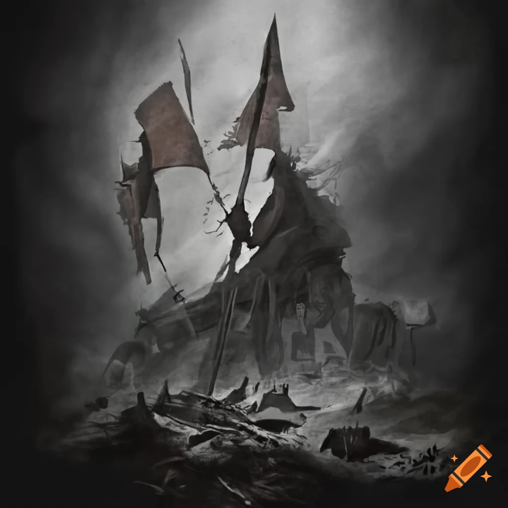 Tattered medieval flags on a battlefield on Craiyon