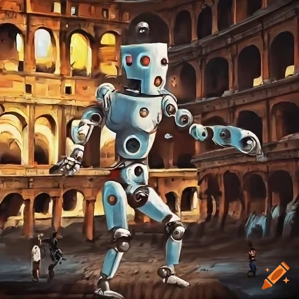 Surreal painting of a dancing robot at the roman colosseum on Craiyon