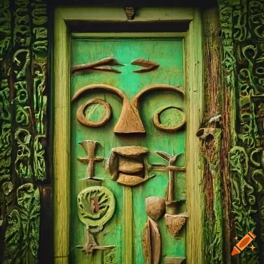 Wooden door decorated with african figurines on Craiyon