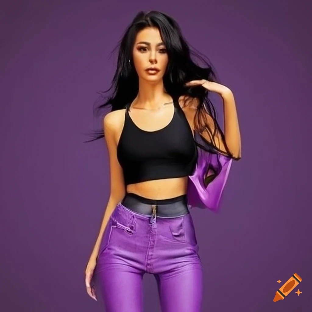 Black-purple skinny jeans and black-yellow crop top