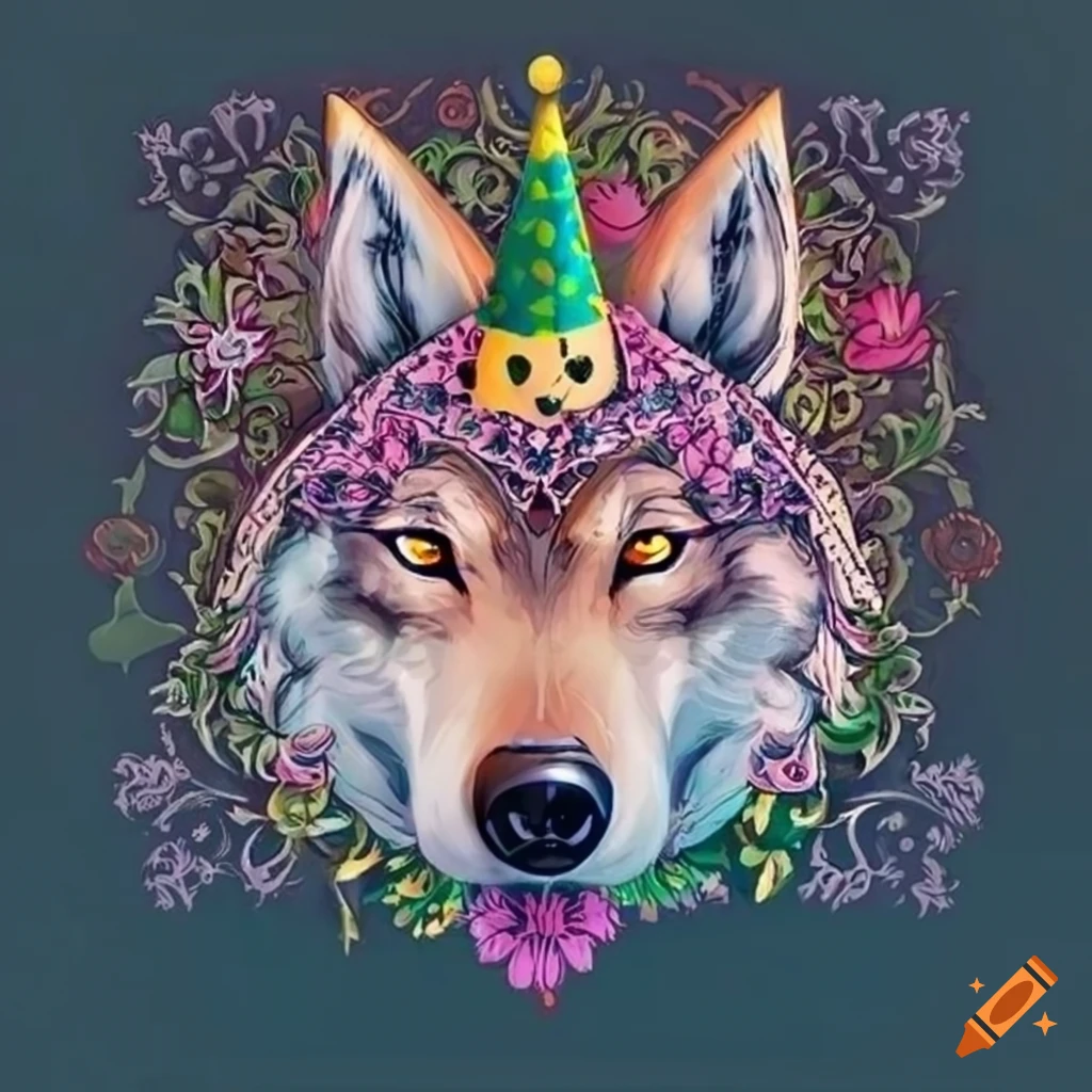 Floral wolf design with birthday hat on Craiyon
