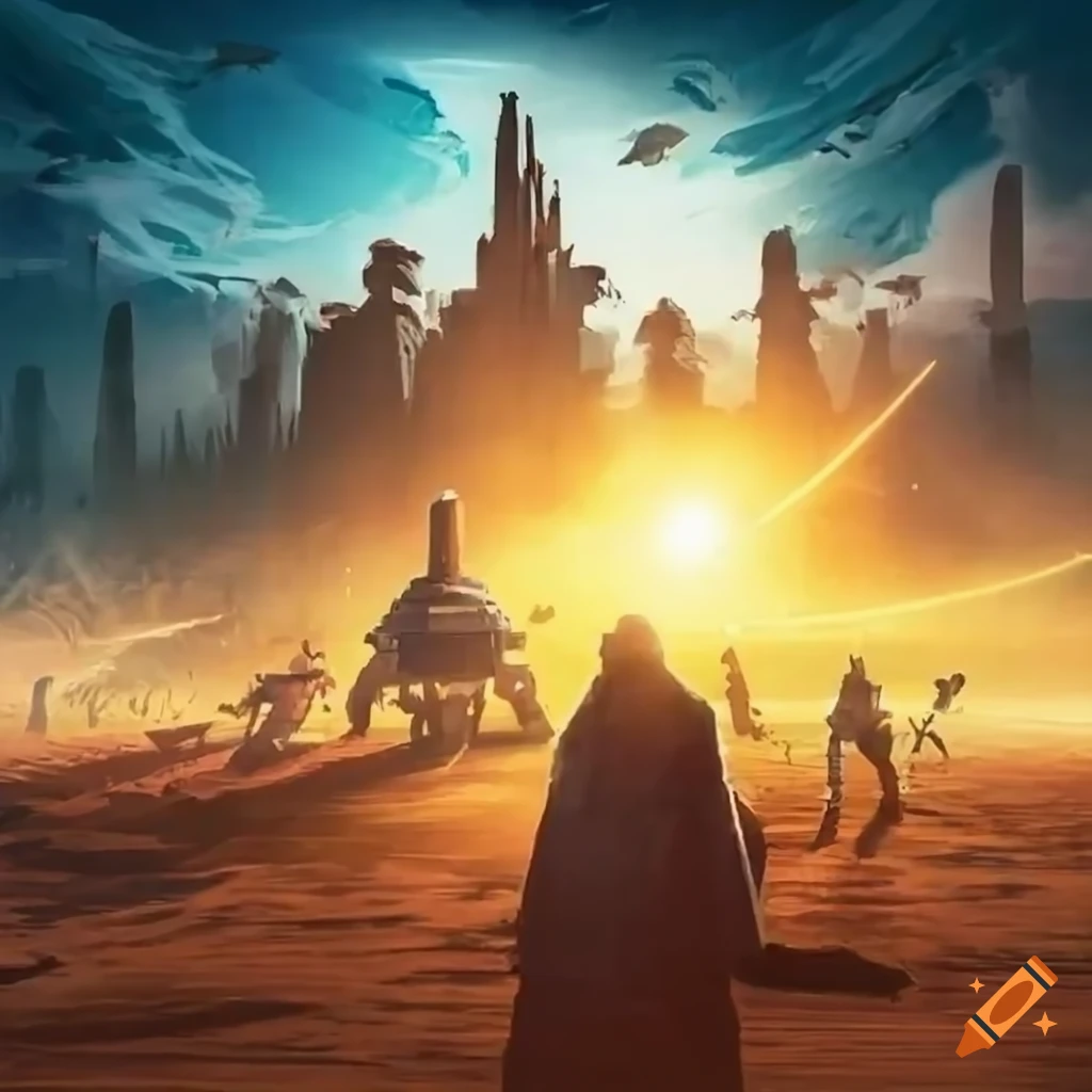 Dramatic star wars battle scene in front of a temple