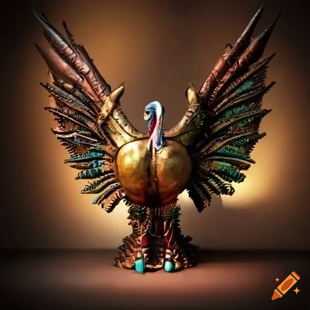 Steampunk sculpture of a giant brass turkey with dragon wings on Craiyon